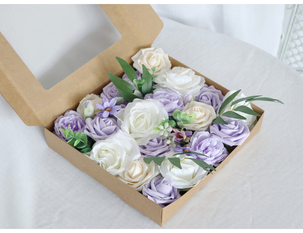 White Purple Roses Flower Box Silk Flower for Wedding Party Decor Prop ...