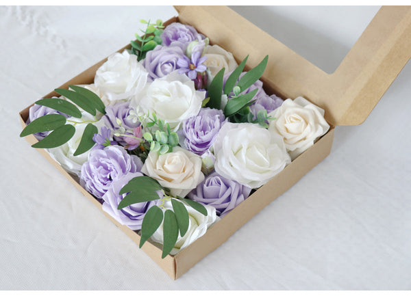 White Purple Roses Flower Box Silk Flower for Wedding Party Decor Prop ...