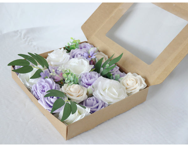 White Purple Roses Flower Box Silk Flower for Wedding Party Decor Prop ...