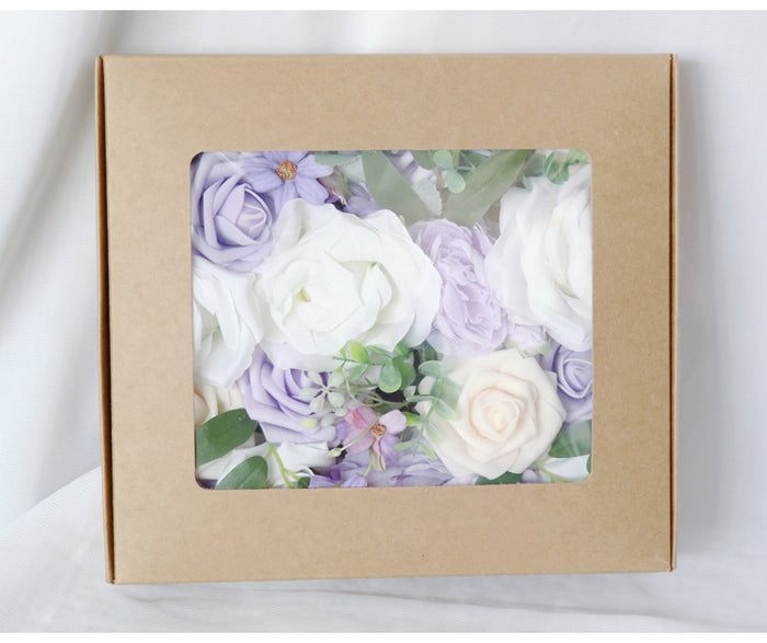 White Purple Roses Flower Box Silk Flower for Wedding Party Decor Prop