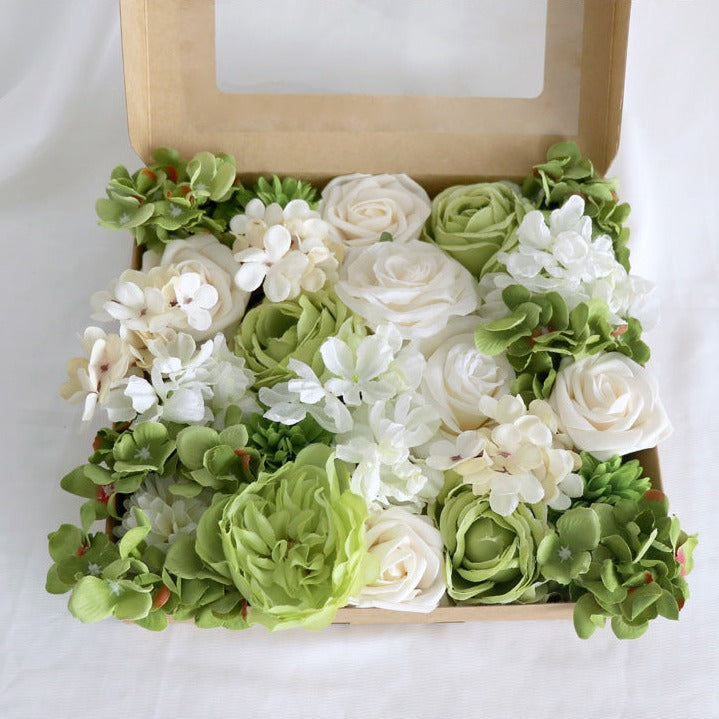 White Green Hydrangea Roses Flower Box Silk Flower for Wedding Party D
