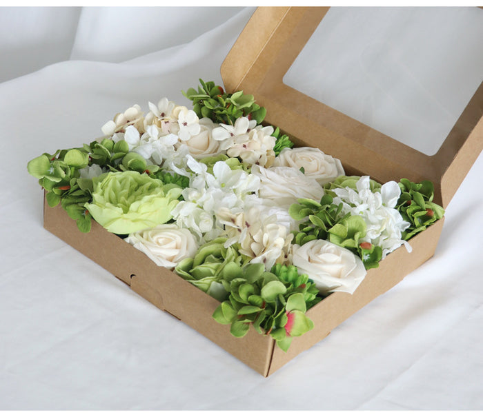 White Green Hydrangea Roses Flower Box Silk Flower for Wedding Party D