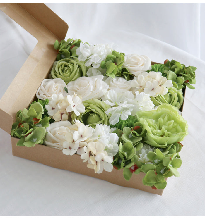 White Green Hydrangea Roses Flower Box Silk Flower for Wedding Party D